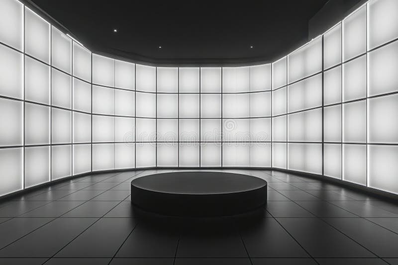Futuristic Circular Stage in a Brightly Lit Room with Grid Walls Stock ...