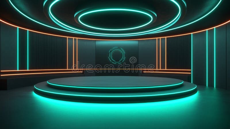 Futuristic Circular Stage with Neon Lighting in Teal and Orange Tones ...
