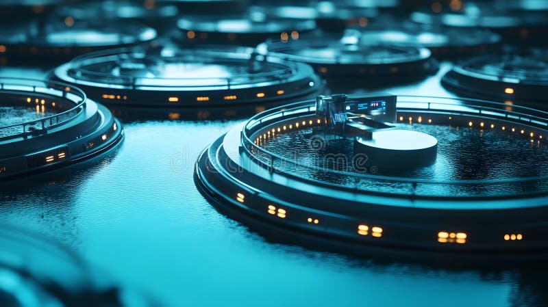 Futuristic Circular Structures on Teal Digital Water Stock Illustration ...