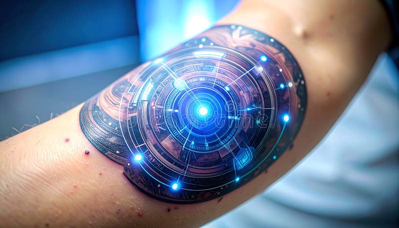 Futuristic Circular Tattoo on Arm with Glowing Blue Light Stock ...