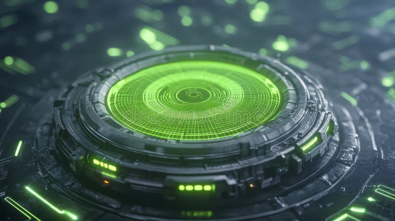 Futuristic Circular Technological Device with Glowing Green Light Stock ...