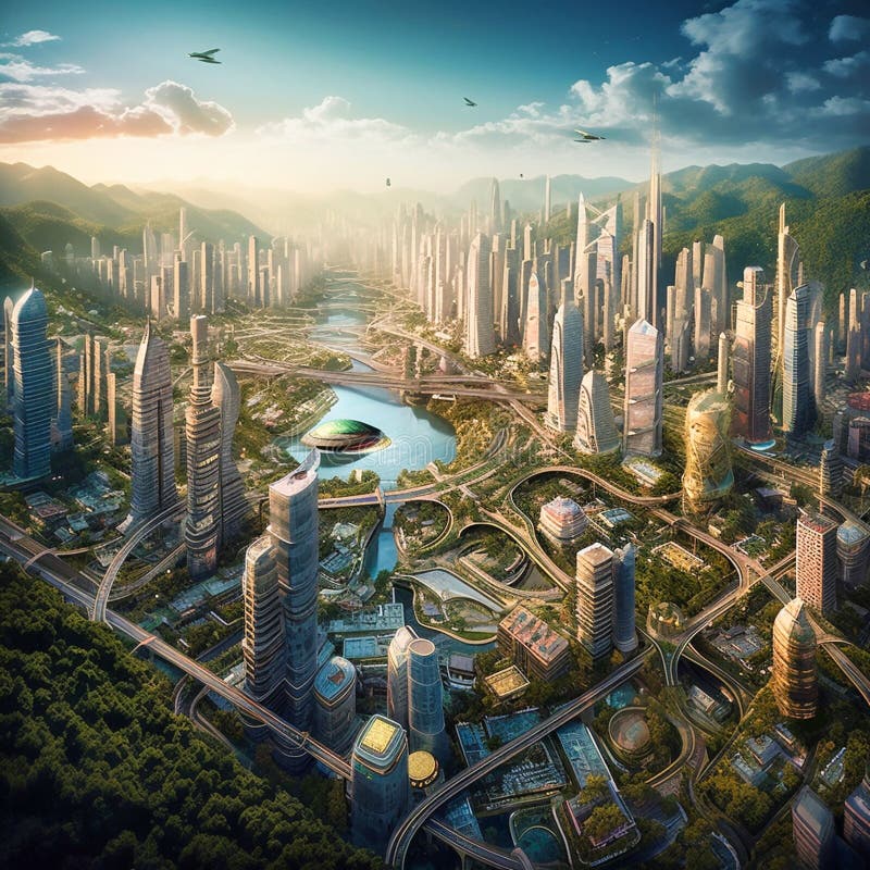 Futuristic Cities High Angle View Advanced Infrast. Generative AI Stock ...