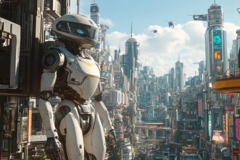 Futuristic City with Advanced Robotics Stock Illustration ...