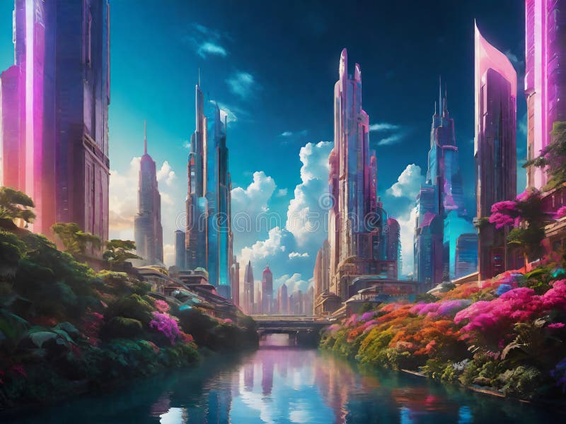 Futuristic City on Alien Planet with Sunset and Clouds, Sci-fi ...