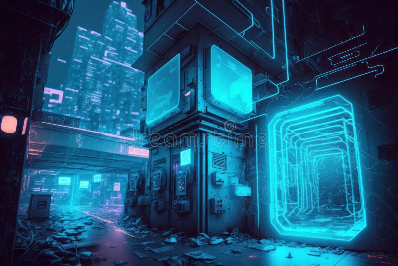 Futuristic City Alley with Glowing Neon Lights. Stock Illustration ...