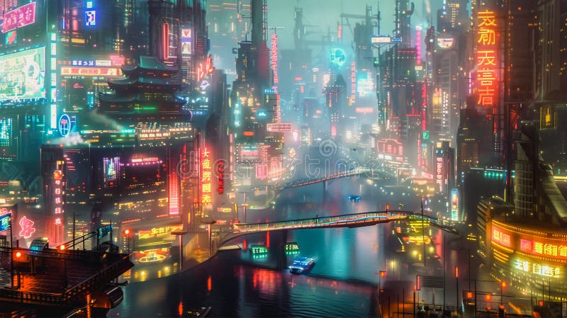 A Futuristic City in Asia with a Large River Running through the Center ...