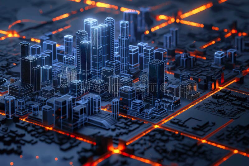A Futuristic City in Blue and Orange Light. Stock Illustration ...