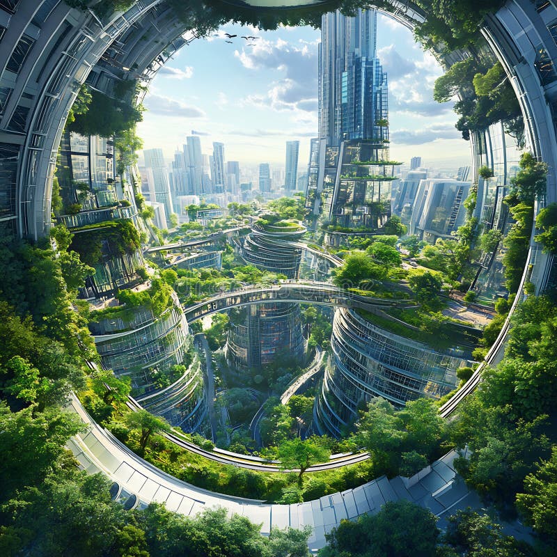Futuristic City, Green Buildings, Circular Structure Framing Cityscape ...
