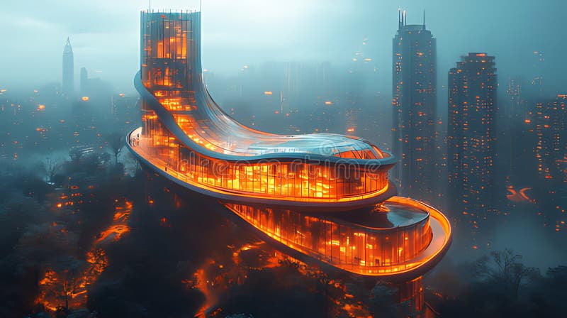 Futuristic City Building, Glowing at Night, Forest, Skyscrapers Stock ...