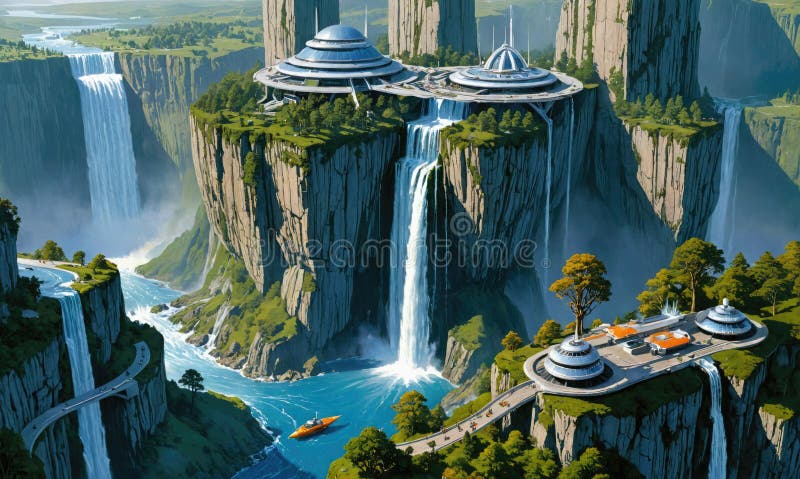 A Futuristic City Built Atop a Mountain Range, Featuring Cascading ...