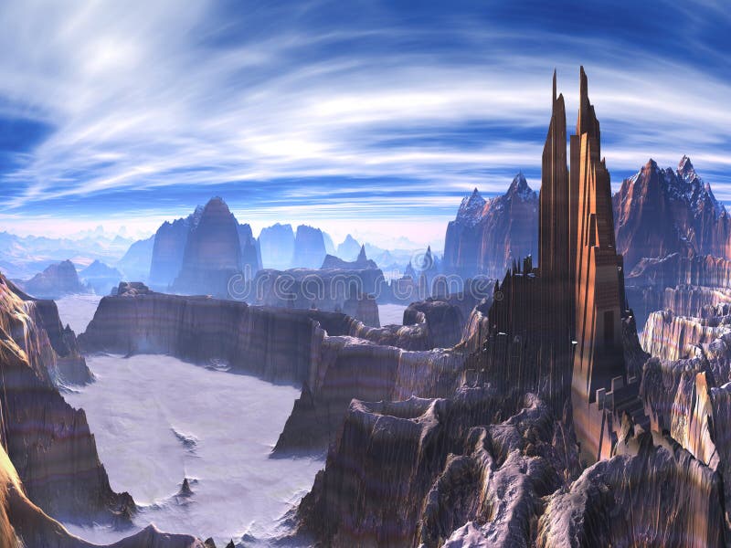 Futuristic City Built on Cliff Tops on Alien World Stock Illustration ...