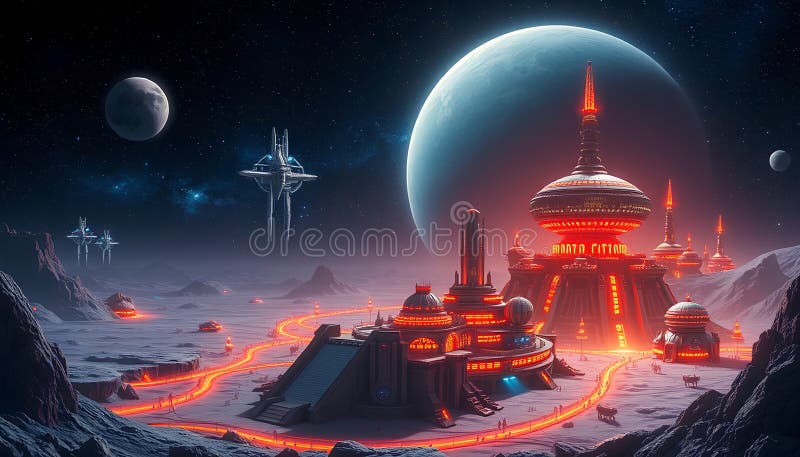 Futuristic City Built on the Moon, Glowing with Neon Lights Under a ...