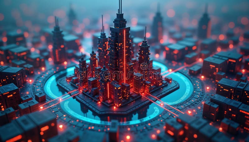 Futuristic City Built on Tech Surface. Skyscrapers Illuminate. Network ...