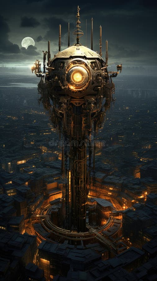 A Futuristic City with Large Tower in the Middle, AI Stock Illustration ...