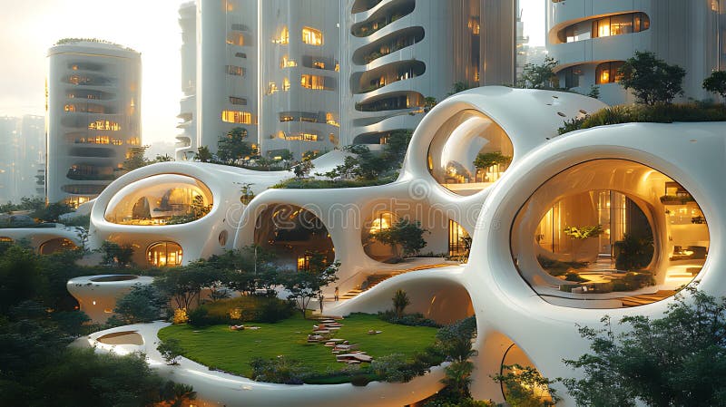 Futuristic City Complex, Glowing at Dusk, Garden Courtyard ...