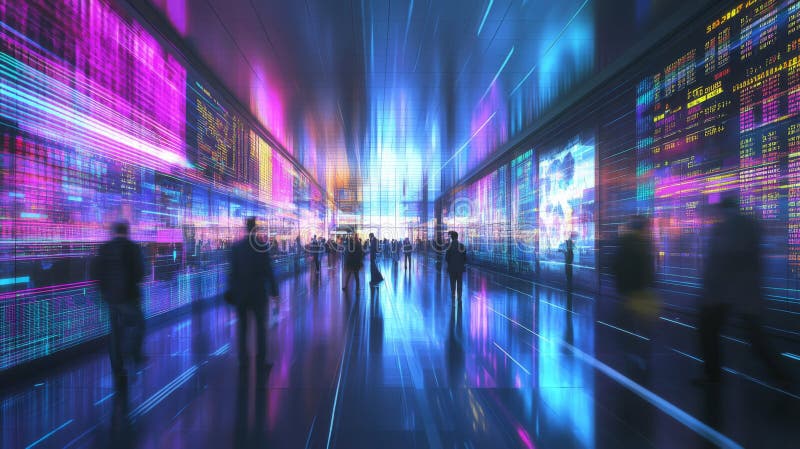 Futuristic City Corridor at Night with Glowing Neon Lights Stock ...