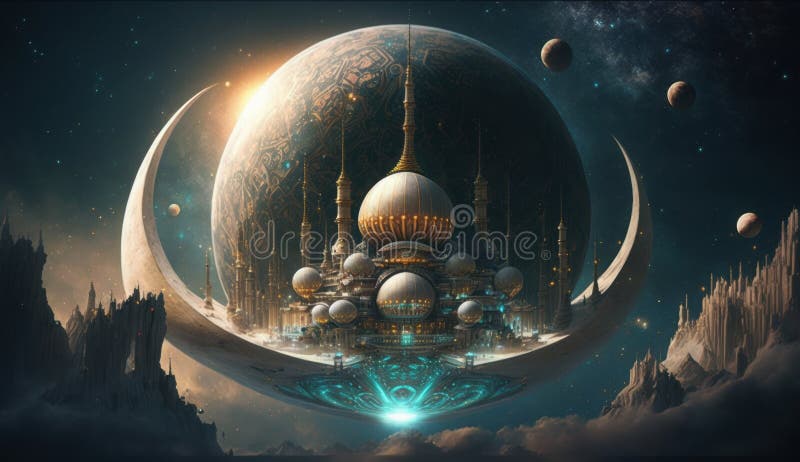 A Futuristic City on a Crescent Moon, Surrounded by Planets. Created by ...
