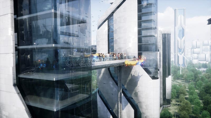 Futuristic City. 3d People and Robots. Future Concept. 3d Rendering ...