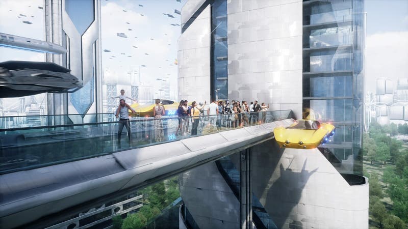 Futuristic City. 3d People and Robots. Future Concept. 3d Rendering ...