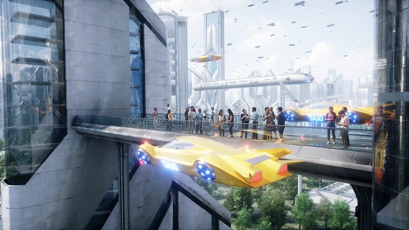 Futuristic City. 3d People and Robots. Future Concept. 3d Rendering ...