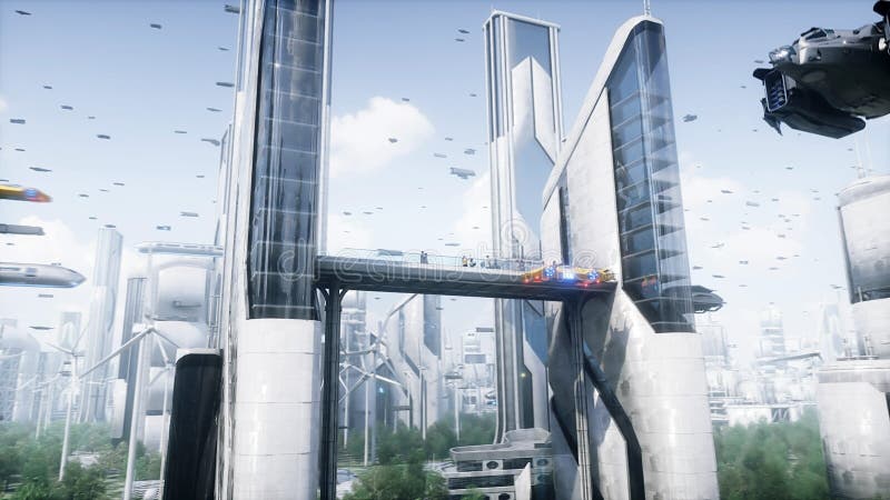 Futuristic City. 3d People and Robots. Future Concept. 3d Rendering ...