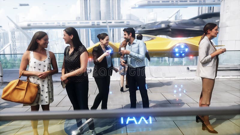 Futuristic City. 3d People and Robots. Future Concept. 3d Rendering ...