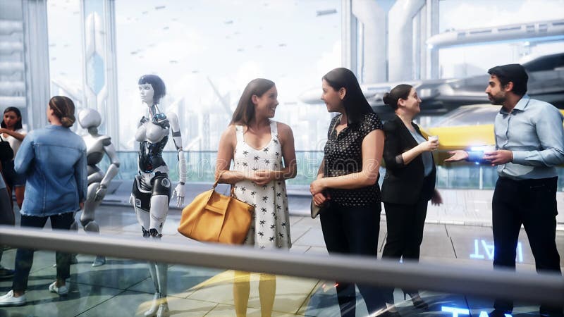Futuristic City. 3d People and Robots. Future Concept. 3d Rendering ...
