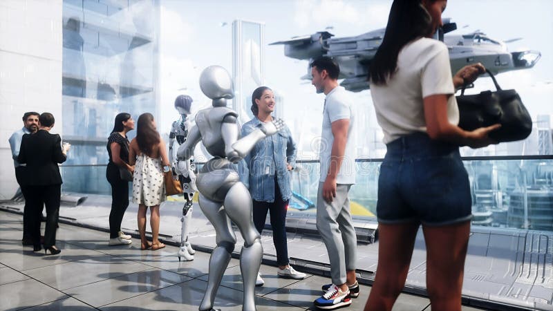 Futuristic City. 3d People and Robots. Future Concept. 3d Rendering ...