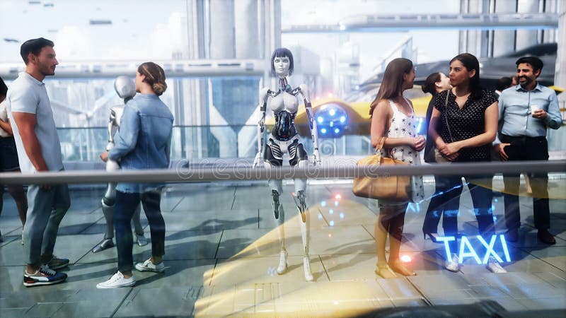 Futuristic City. 3d People and Robots. Future Concept. 3d Rendering ...