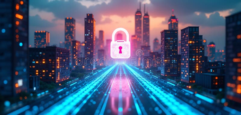 Futuristic City with Data Highway and Cybersecurity Icon Stock ...