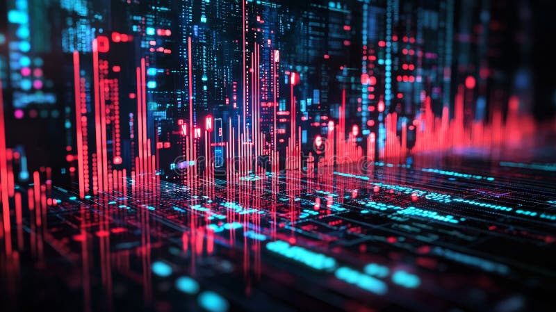 Futuristic City Data Stream with Glowing Red and Blue Elements Stock ...