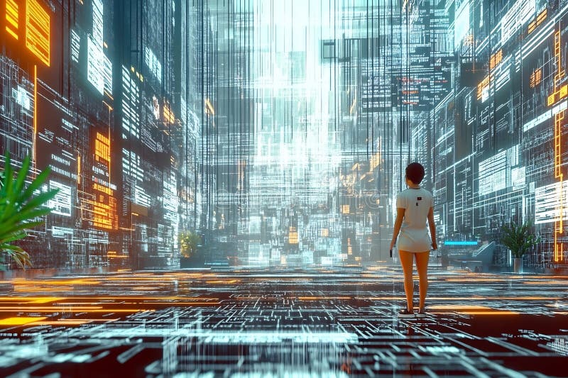 Futuristic City with Digital Matrix and Data Reflection Stock Photo - Image of metropolis ...