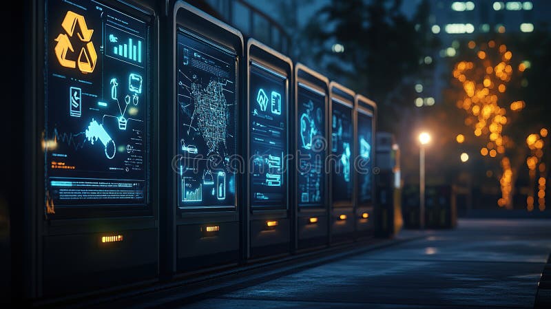 Futuristic City Displays Showing Data on Recycling, Navigation, and ...