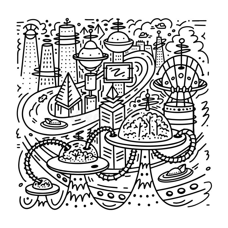 Futuristic City in Doodle Style. Fantasy City Linear Art. Vector ...