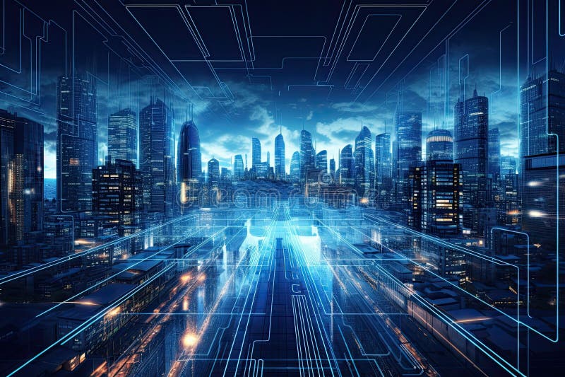 Futuristic City on Electronic Circuit Background, Development of Modern ...