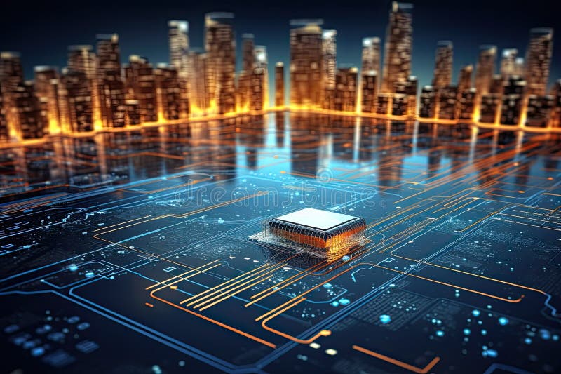 Futuristic City on Electronic Circuit Background, Development of Modern ...