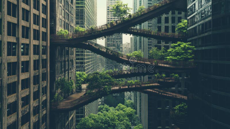 Futuristic City with Elevated Green Walkways Connecting Buildings Stock ...