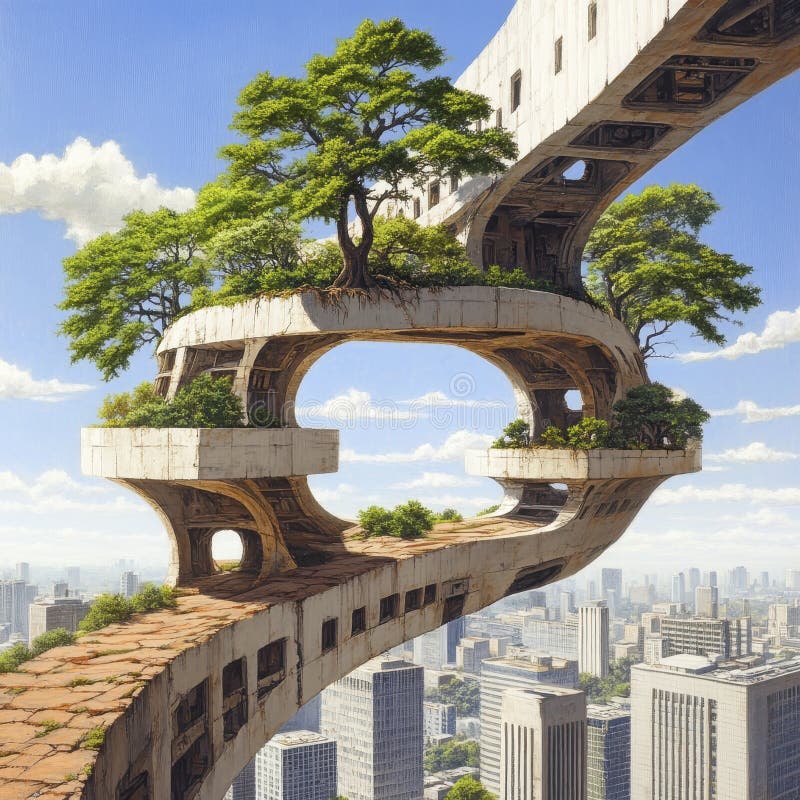 Futuristic City Elevated Pathway with Lush Greenery Stock Illustration ...