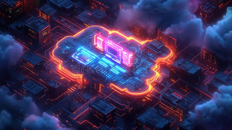 Futuristic City Embedded in a Circuit Board, Glowing Neon Lights, Cloud ...