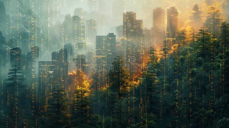 A Futuristic City Engulfed in Fire and Rain, with Towering Buildings ...