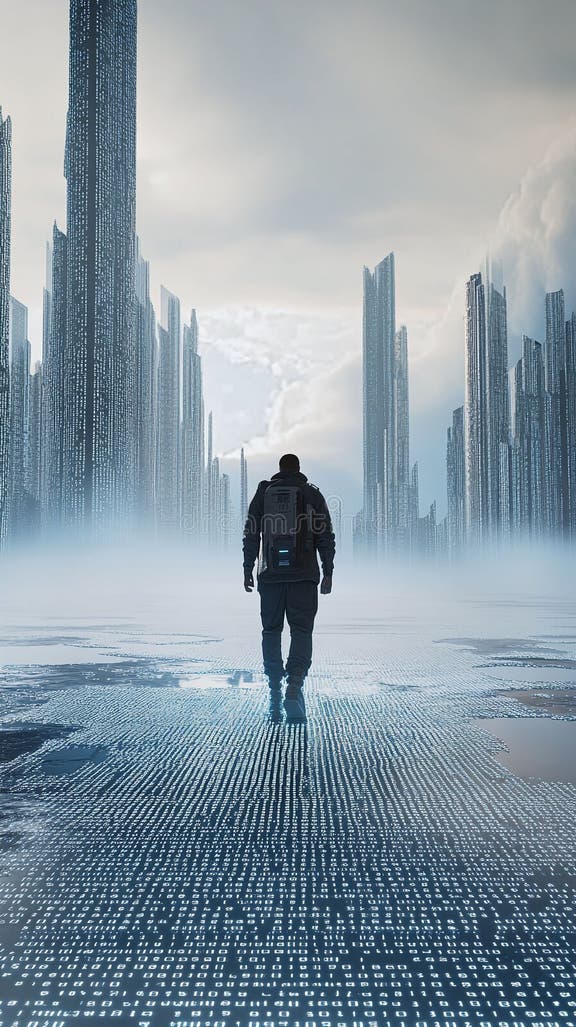 A Futuristic City Floating Above a Sea of Binary Code Waves. Stock ...
