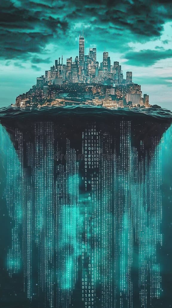 A Futuristic City Floating Above a Sea of Binary Code Waves. Stock ...