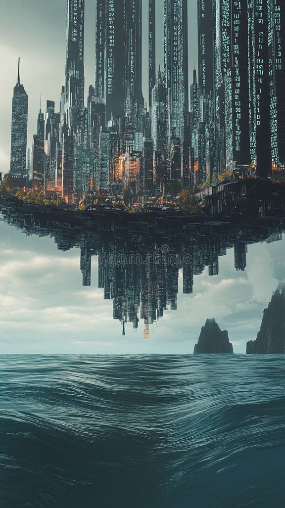 A Futuristic City Floating Above a Sea of Binary Code Waves. Stock ...