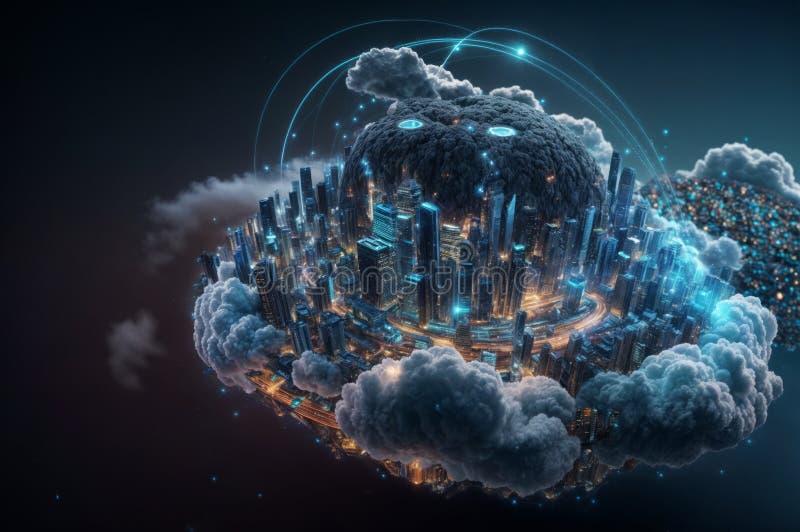 A Futuristic City Floating among the Clouds with Glowing Lights ...