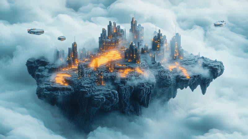 Futuristic City on a Floating Island among Clouds Stock Illustration ...