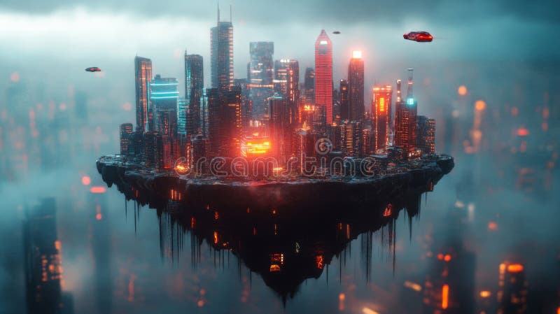 Futuristic City on a Floating Island at Night Stock Illustration ...