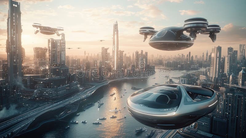Futuristic City with Flying Vehicles and Sleek Architecture, Showcasing ...