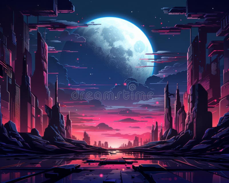 A Futuristic City with a Full Moon in the Sky Stock Illustration ...