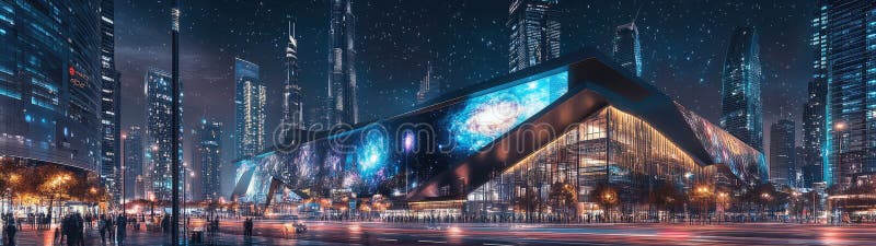 Futuristic City with a Giant Glowing Screen Building Editorial ...
