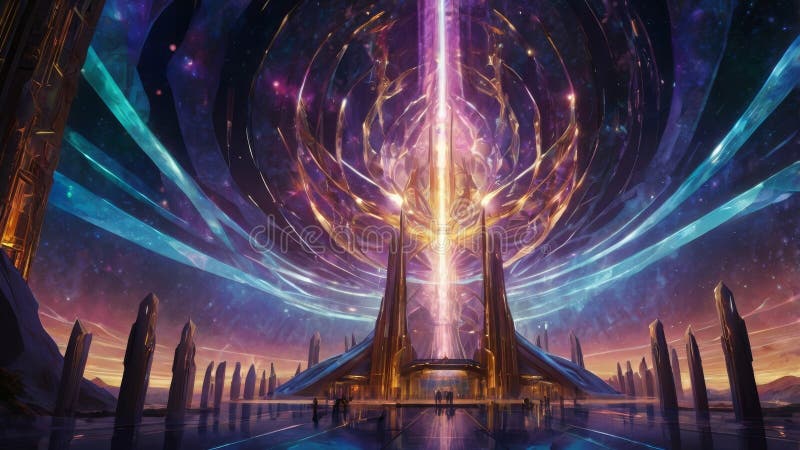 A Futuristic City with a Giant Golden Structure Stock Illustration ...